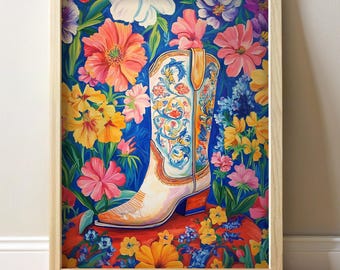 PRINTED Cowboy Boots With Flowers Art Print, Rustic Western Decor ...