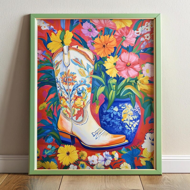 PRINTED Cowboy Boots With Flowers Art Print, Rustic Western Decor ...