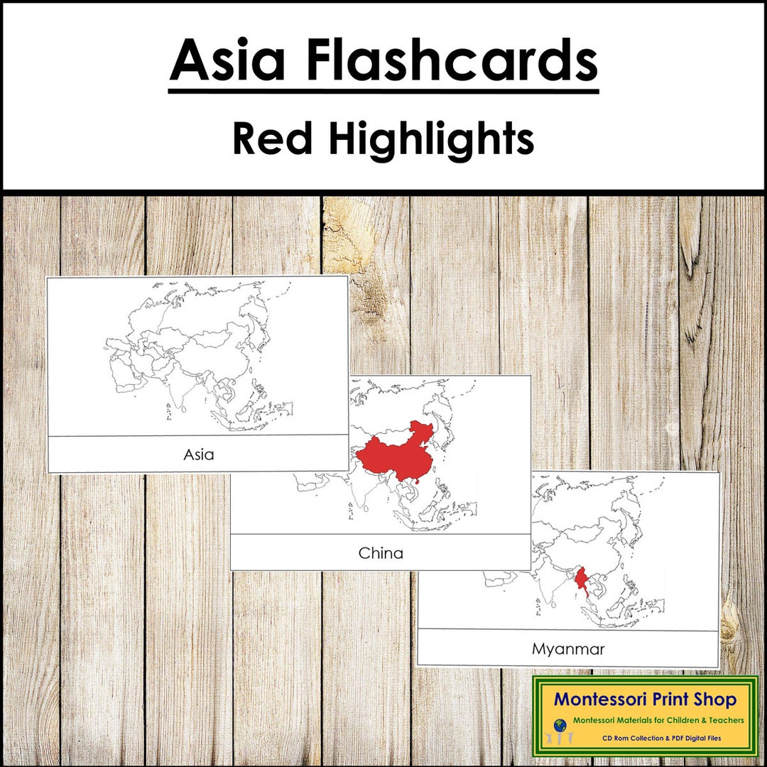 Asia Flashcards (red) - Geography - Printable Montessori Materials ...