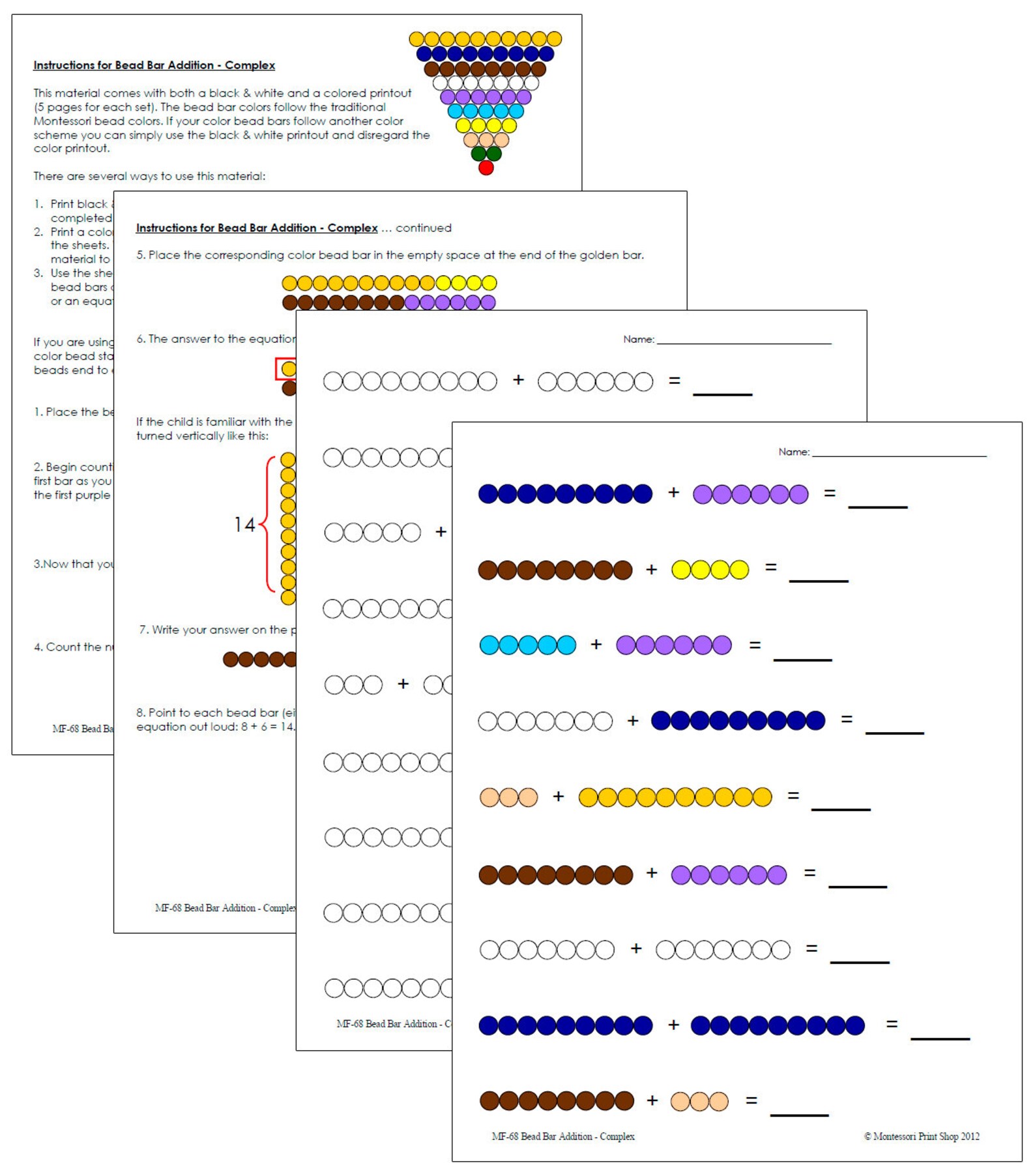 Bead Bar Addition complex Primary Math Printable Montessori Cards ...