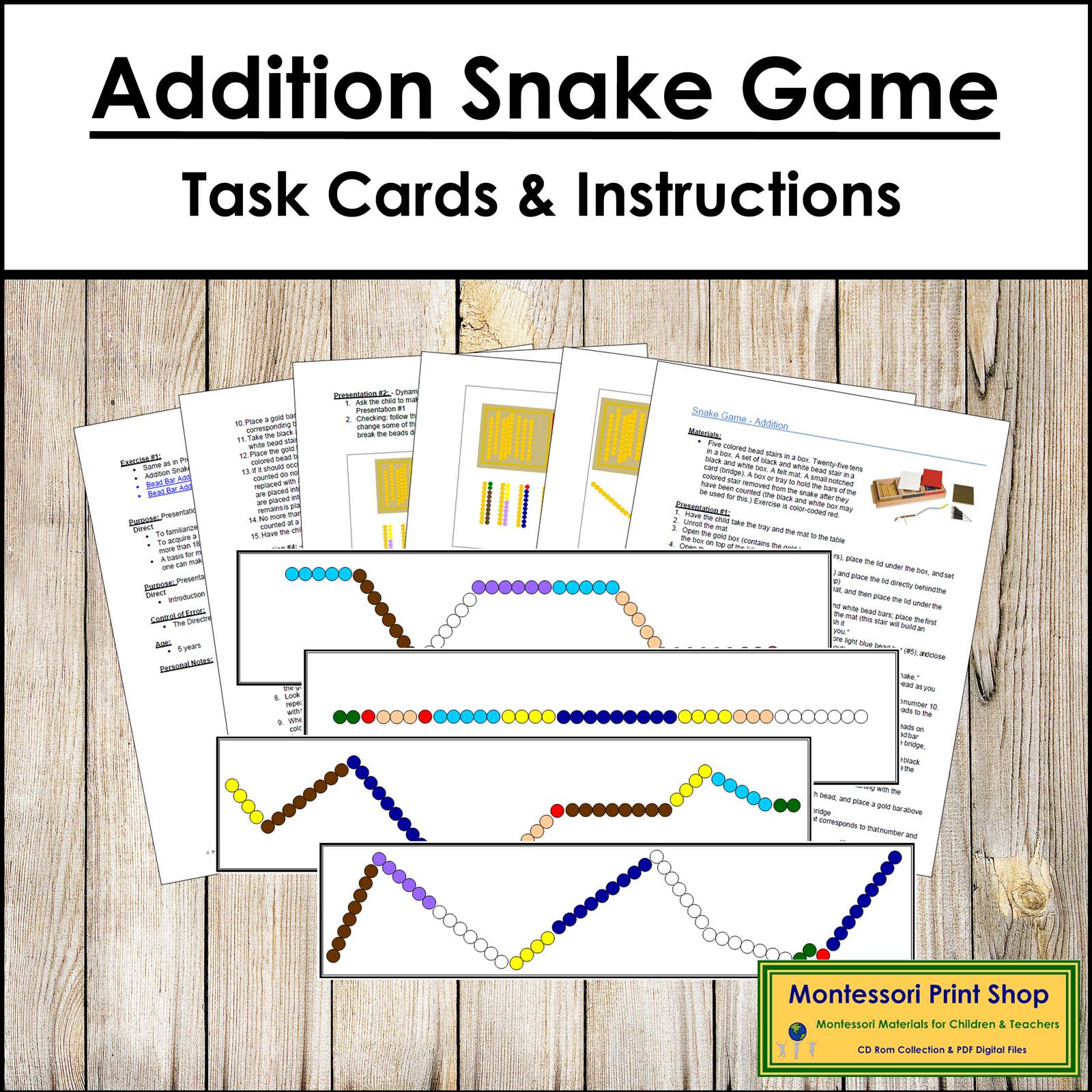 Montessori Addition Snake Game Task Cards & Instructions - Primary Math ...