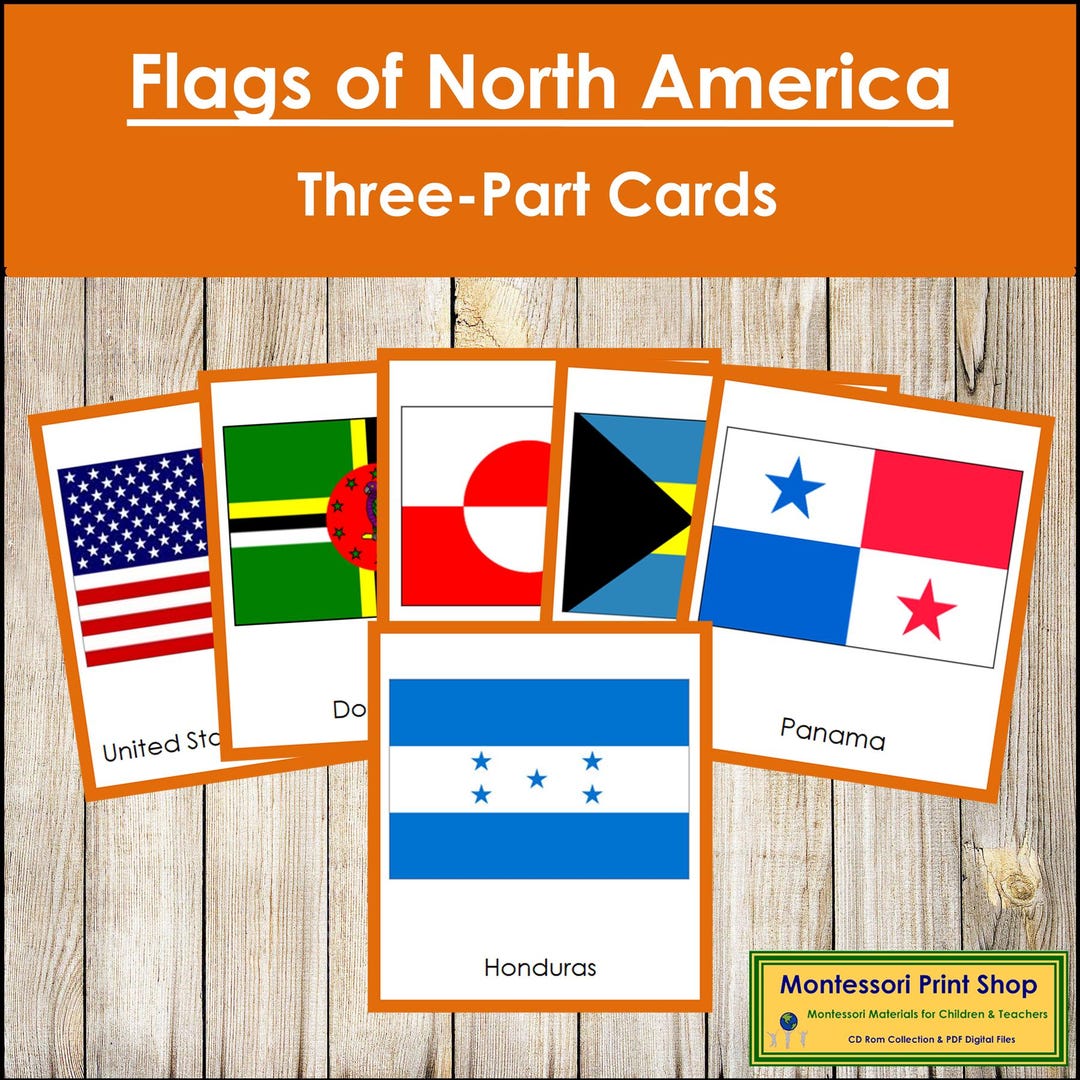 Montessori Flags of North America 3-part Cards [color-coded ...