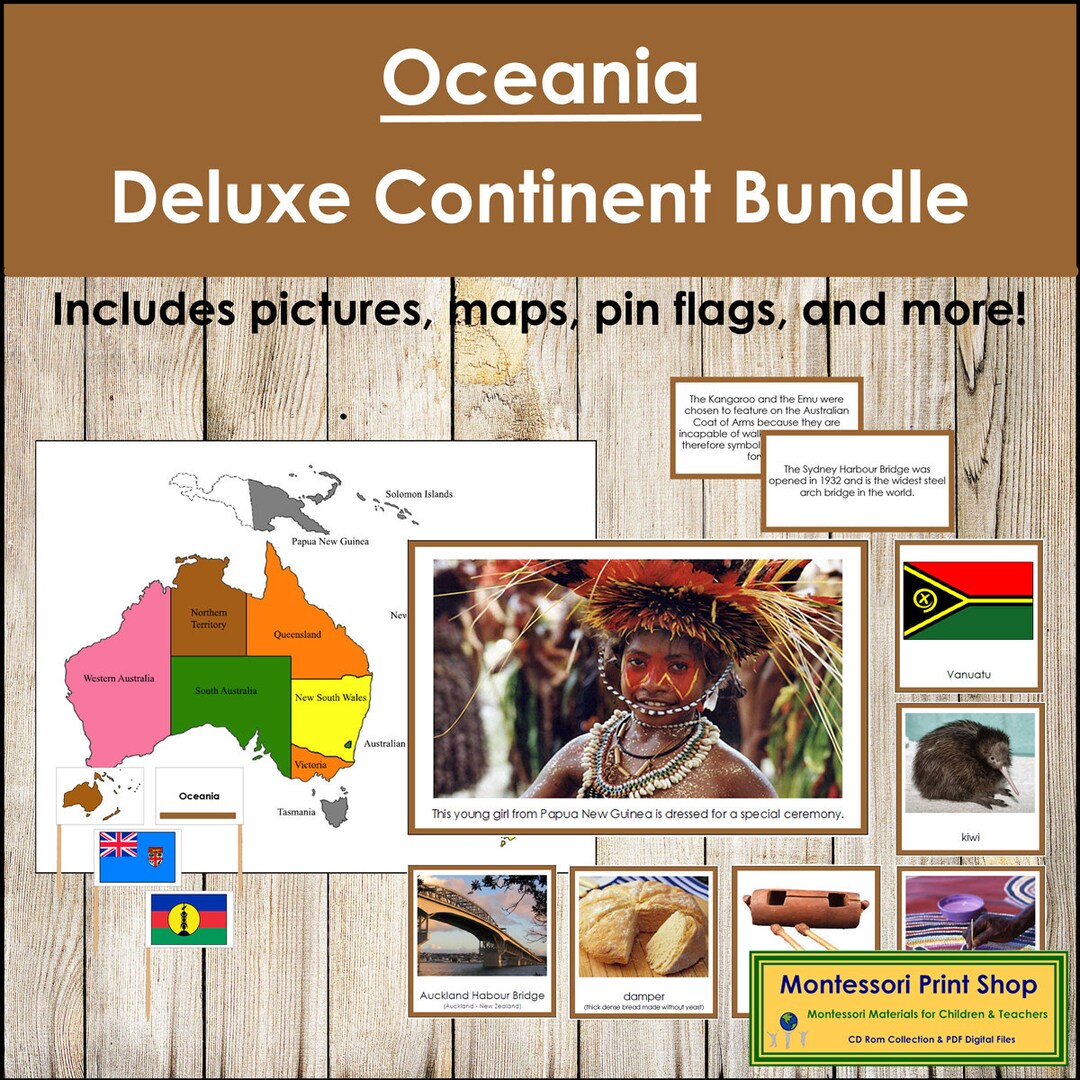 Montessori Oceania Deluxe Continent Bundle [color-coded]: 3-part Cards ...