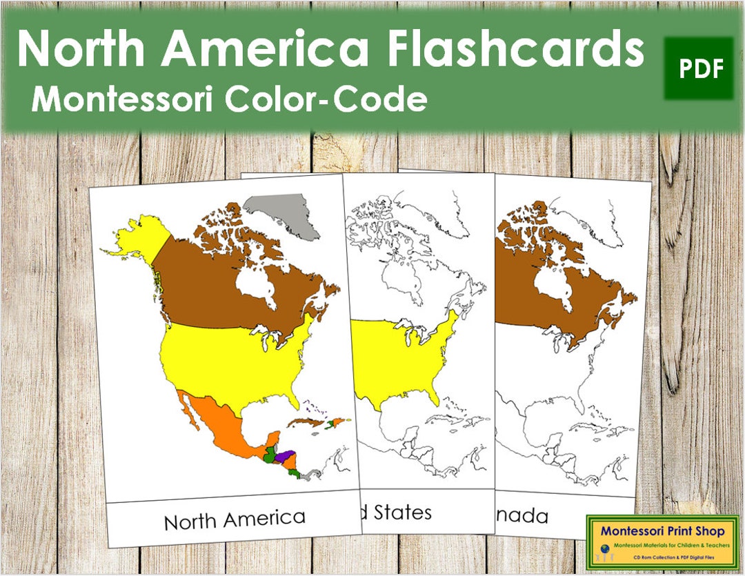 North America Flashcards montessori Color-code Geography - Etsy