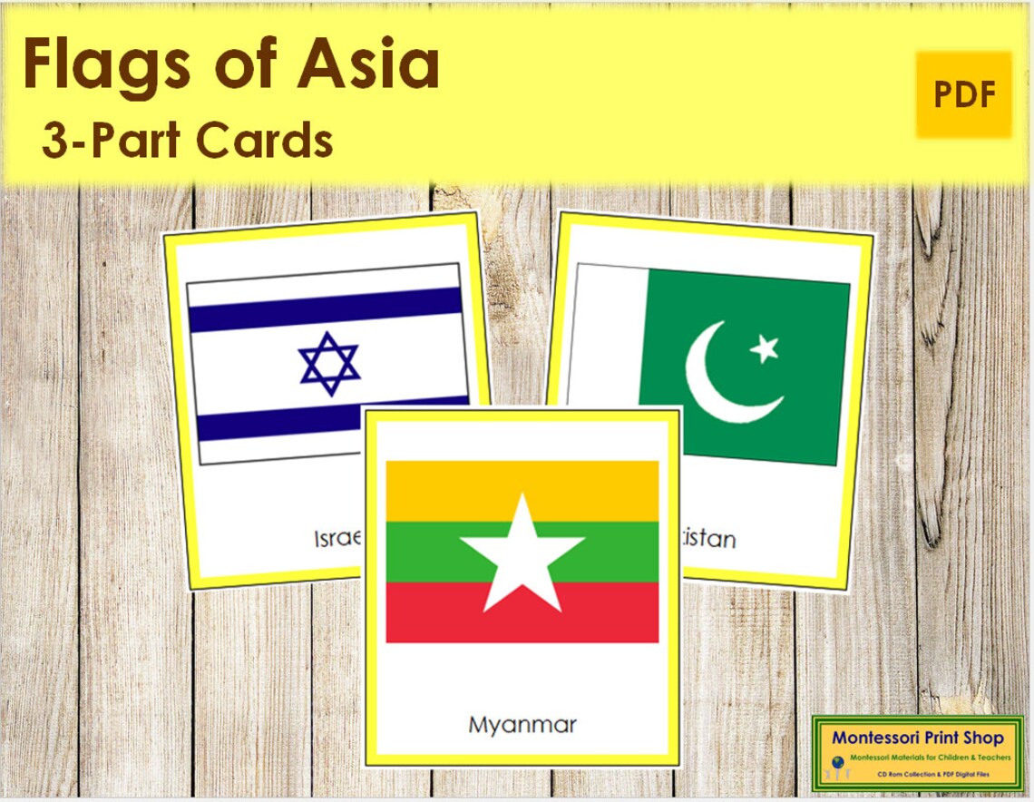 Flags of Asia color-coded Montessori Continent Cards - Etsy