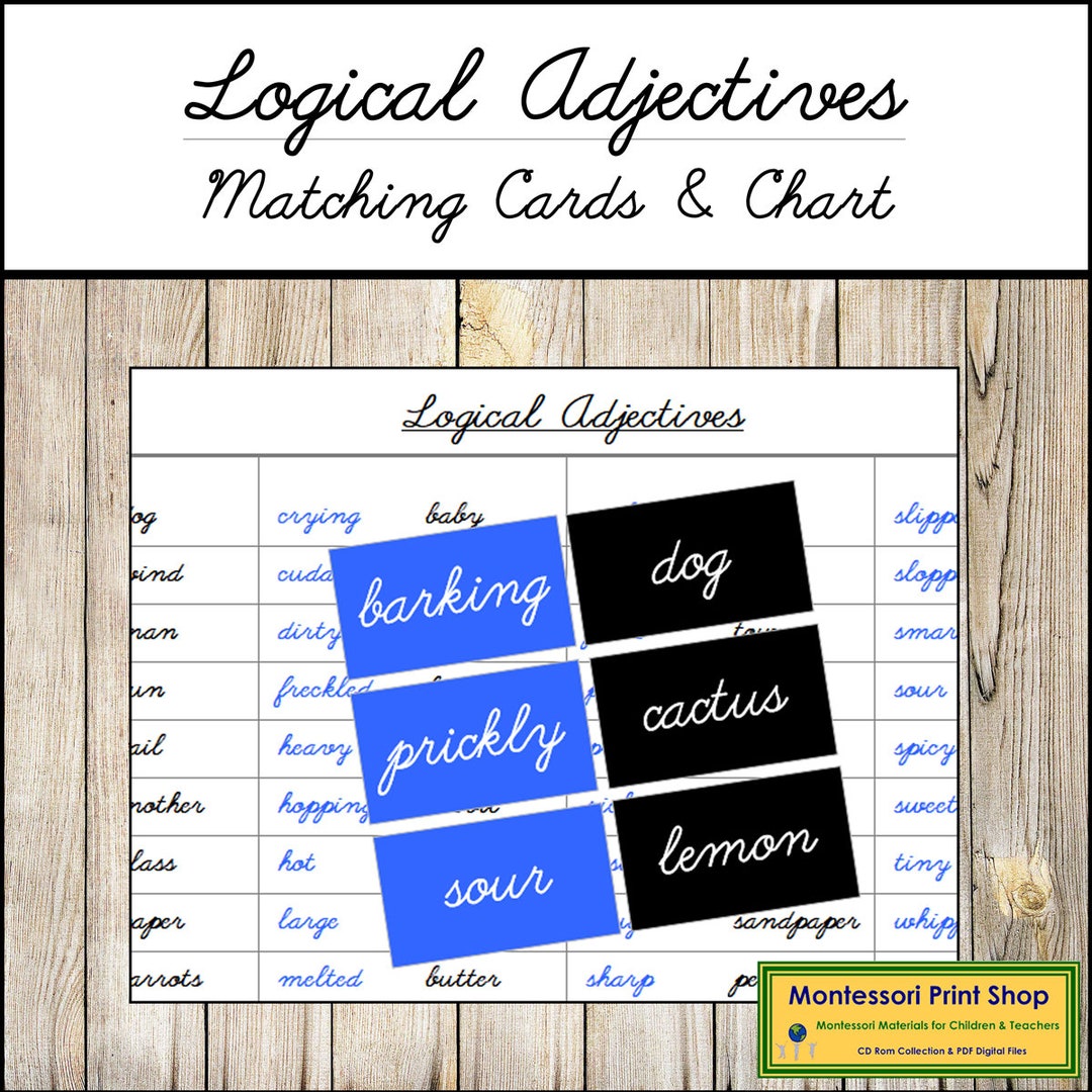 Logical Adjectives Matching Cards & Chart [color-coded] CURSIVE ...