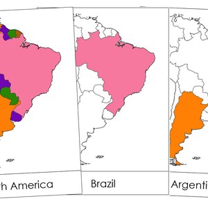 Map of South America Flashcards [montessori Color-code) - Geography ...