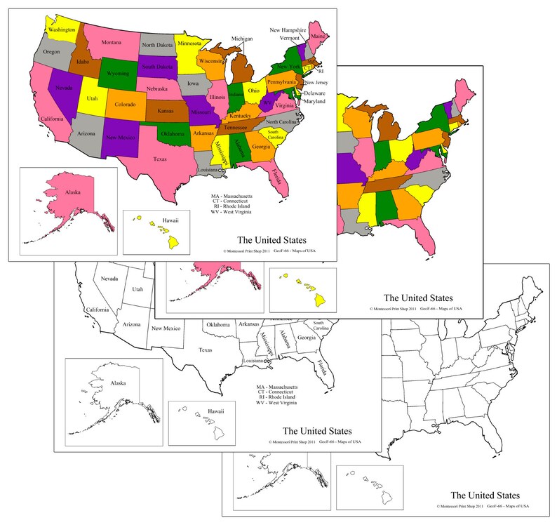 Maps of the United States of America color & Blackline Montessori ...