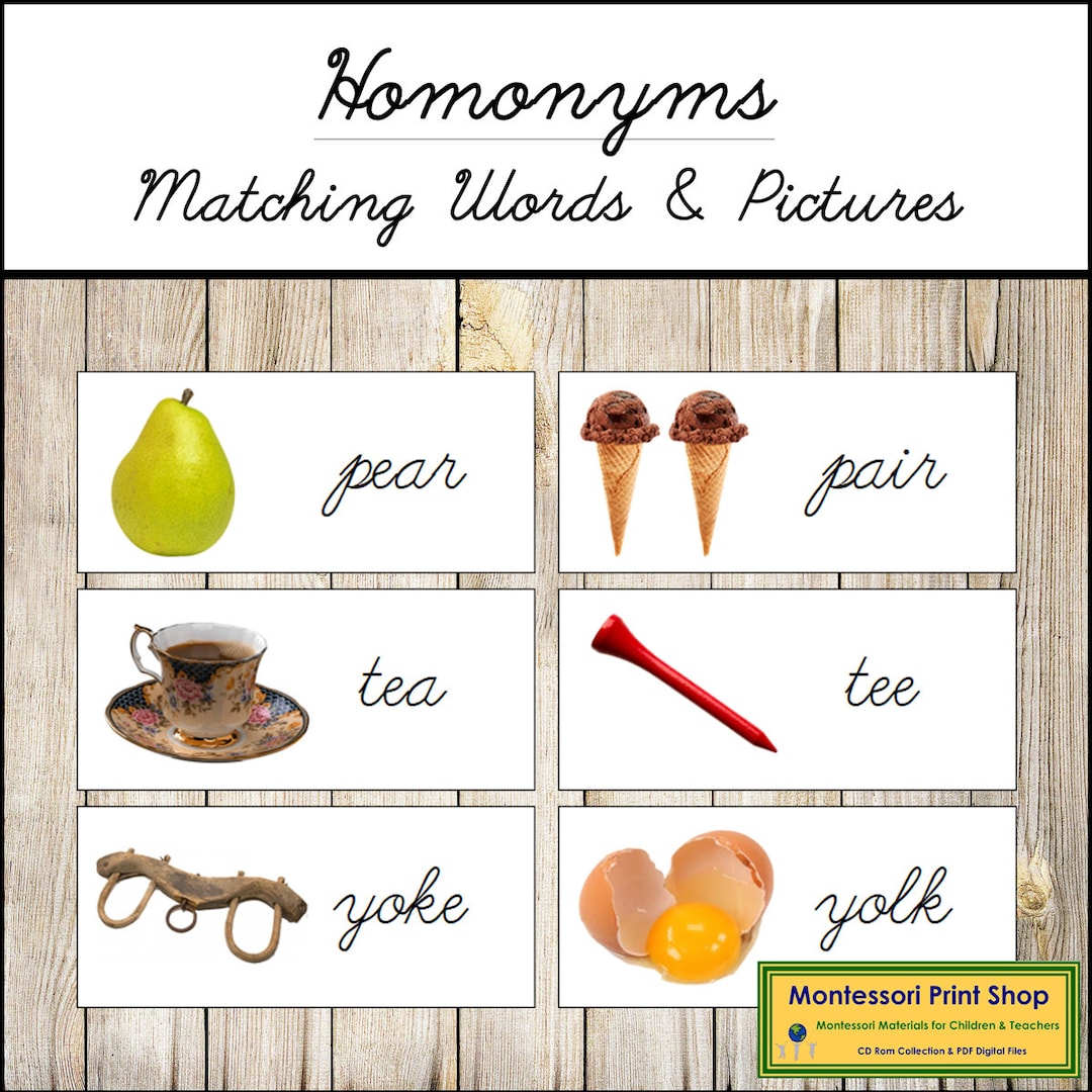 Homonyms Matching Words & Picture Cards CURSIVE - Montessori Grammar ...