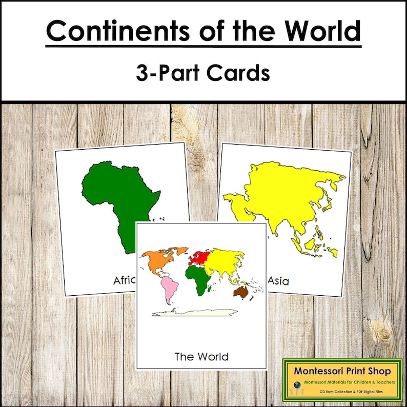Continents of the World 3-part Cards color-coded - Etsy