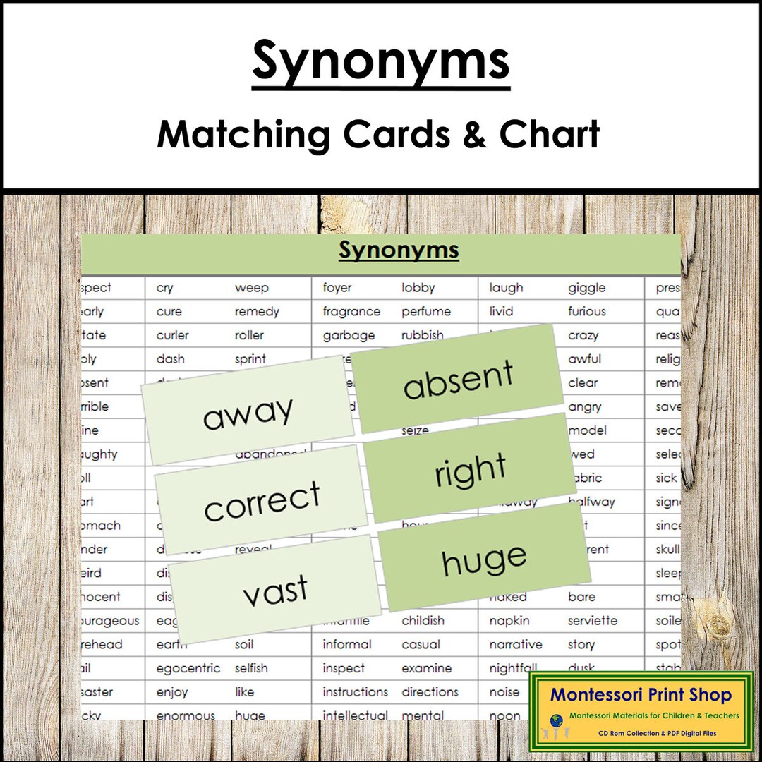 Synonyms Matching Cards & Chart [color-coded] - Montessori Grammar ...