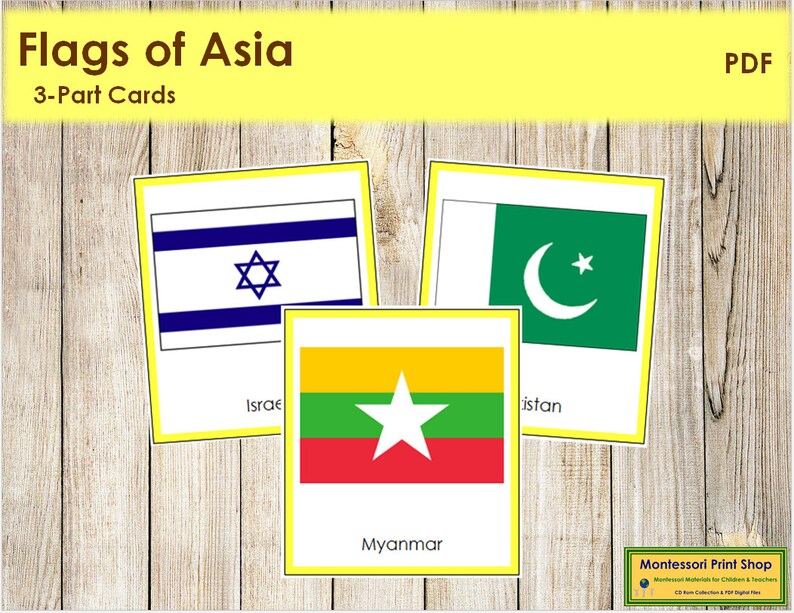 Flags of Asia color-coded Montessori Continent Cards | Etsy