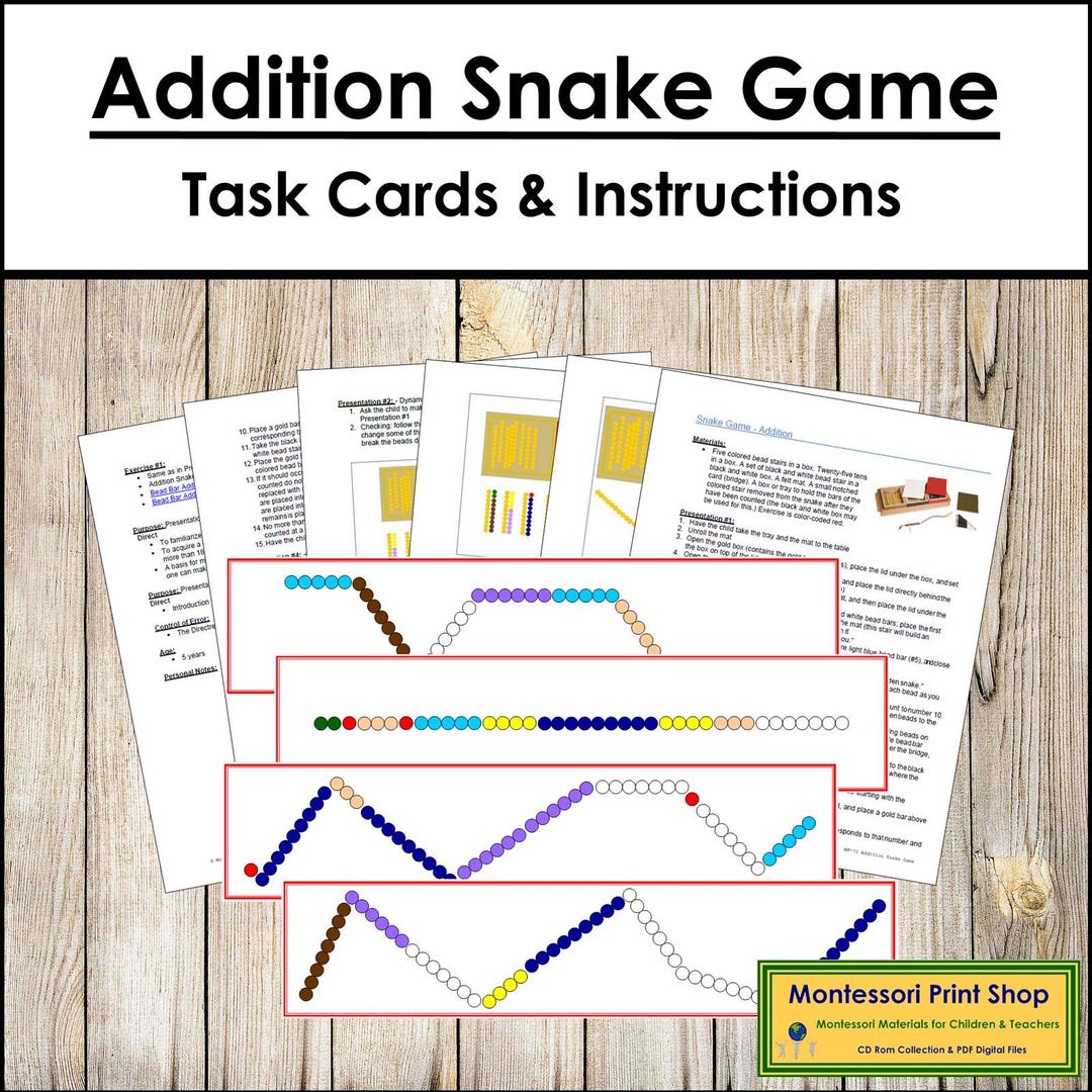 Montessori Addition Snake Game Task Cards & Instructions [color-coded ...