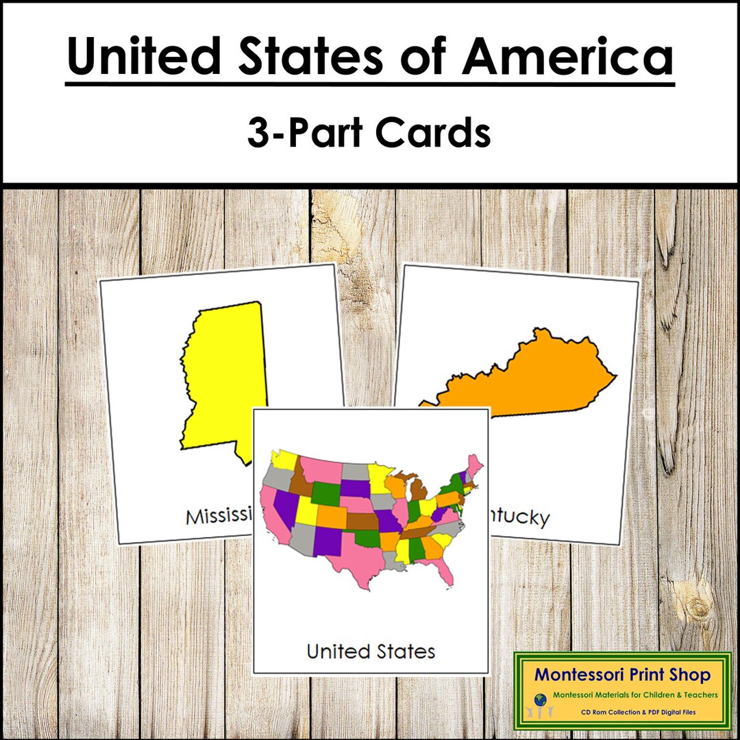 States of the USA 3-part Cards [montessori Color-code] - Geography ...