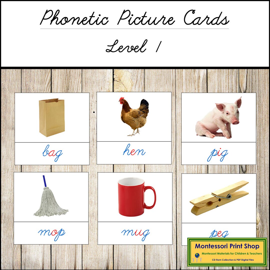 Phonetic Picture Cards [level 1, CURSIVE, Red Vowels] - Montessori ...