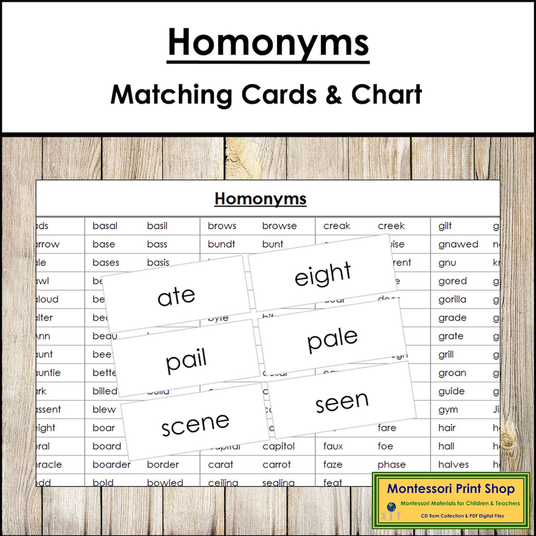 Homonyms Matching Cards & Chart - Montessori Grammar (digital Download ...