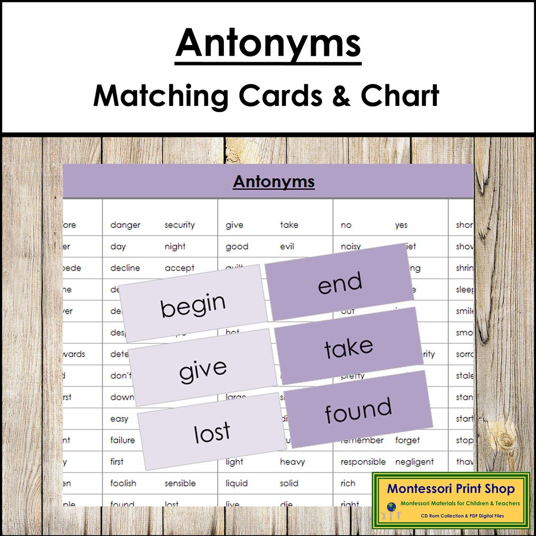 Antonyms Matching Cards & Chart [color-coded] - Montessori Grammar ...