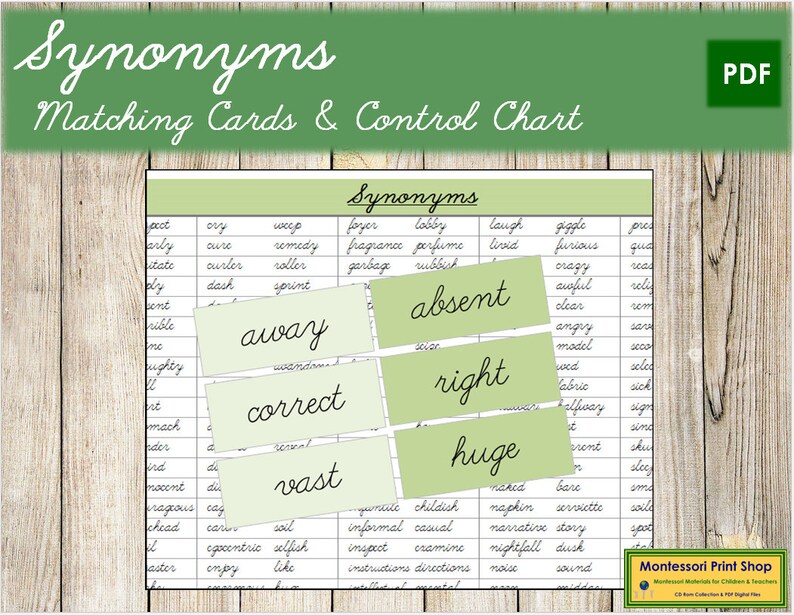 Synonyms color-coded CURSIVE Montessori Grammar - Etsy