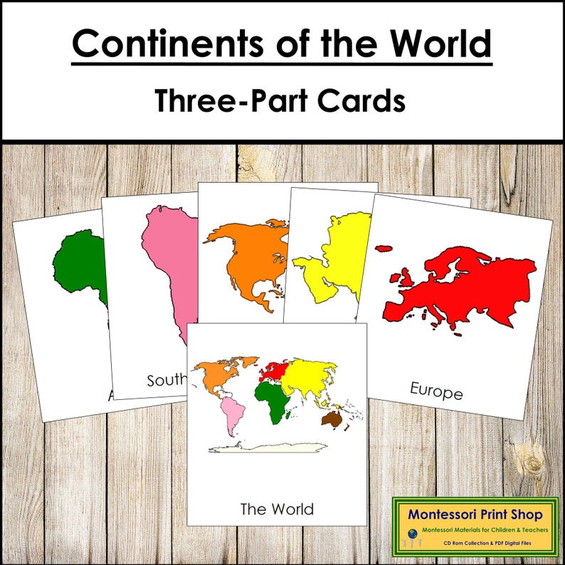 Continents of the World 3-part Cards [color-coded] - Montessori ...