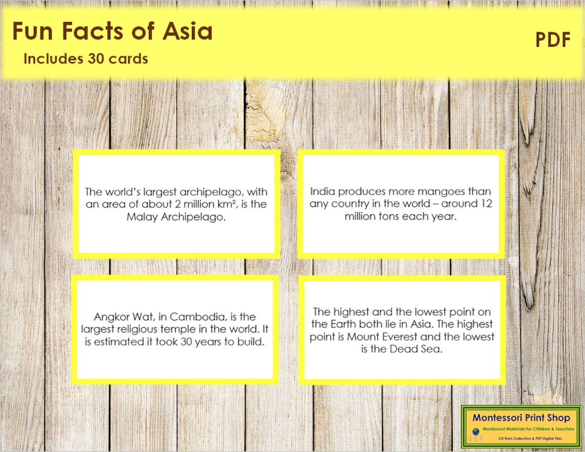 Fun Facts of Asia color-coded Montessori Continent Cards | Etsy