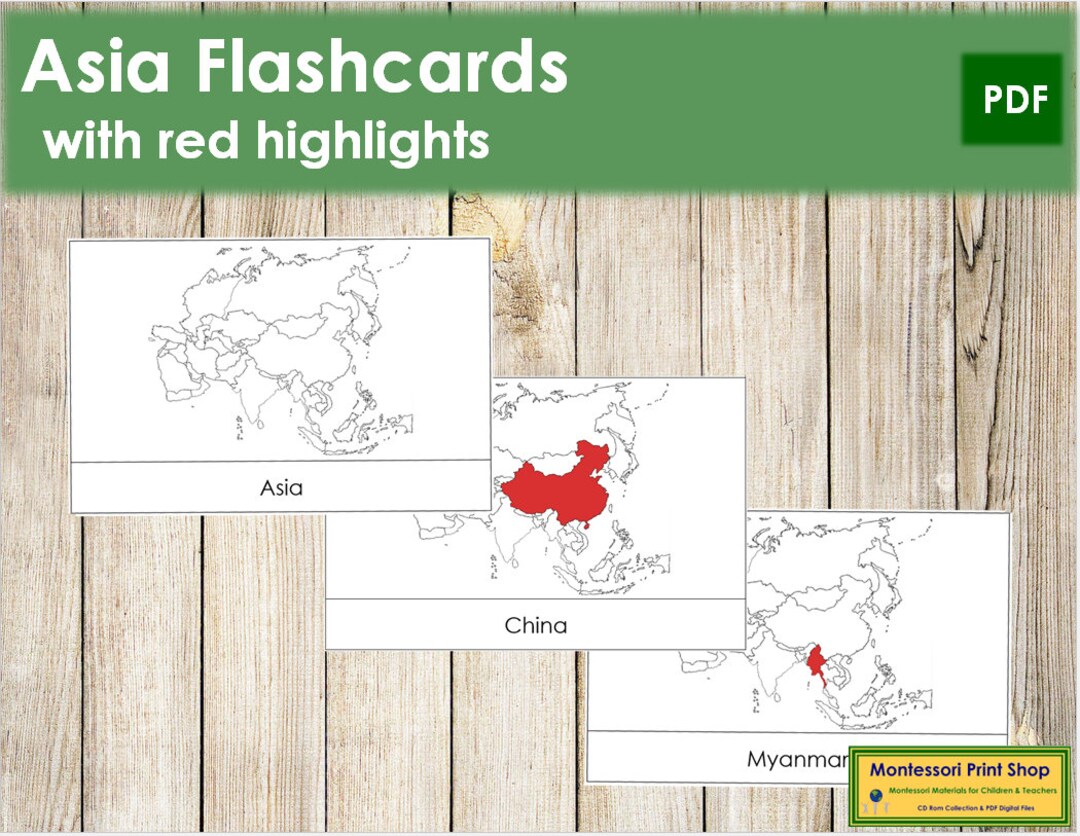 Asia Flashcards red Geography Printable Montessori - Etsy