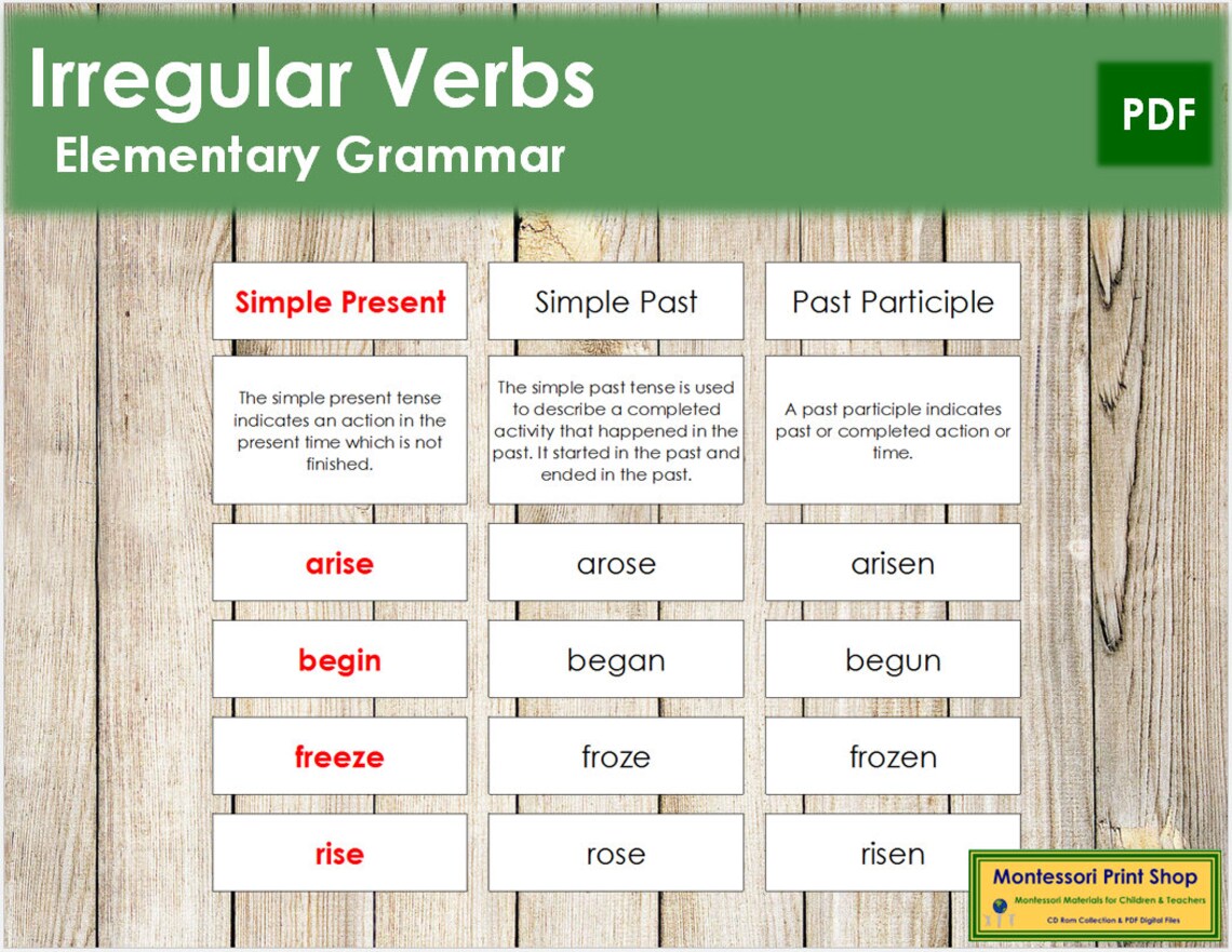 Irregular Verbs Grammar Printable Montessori Materials - Etsy