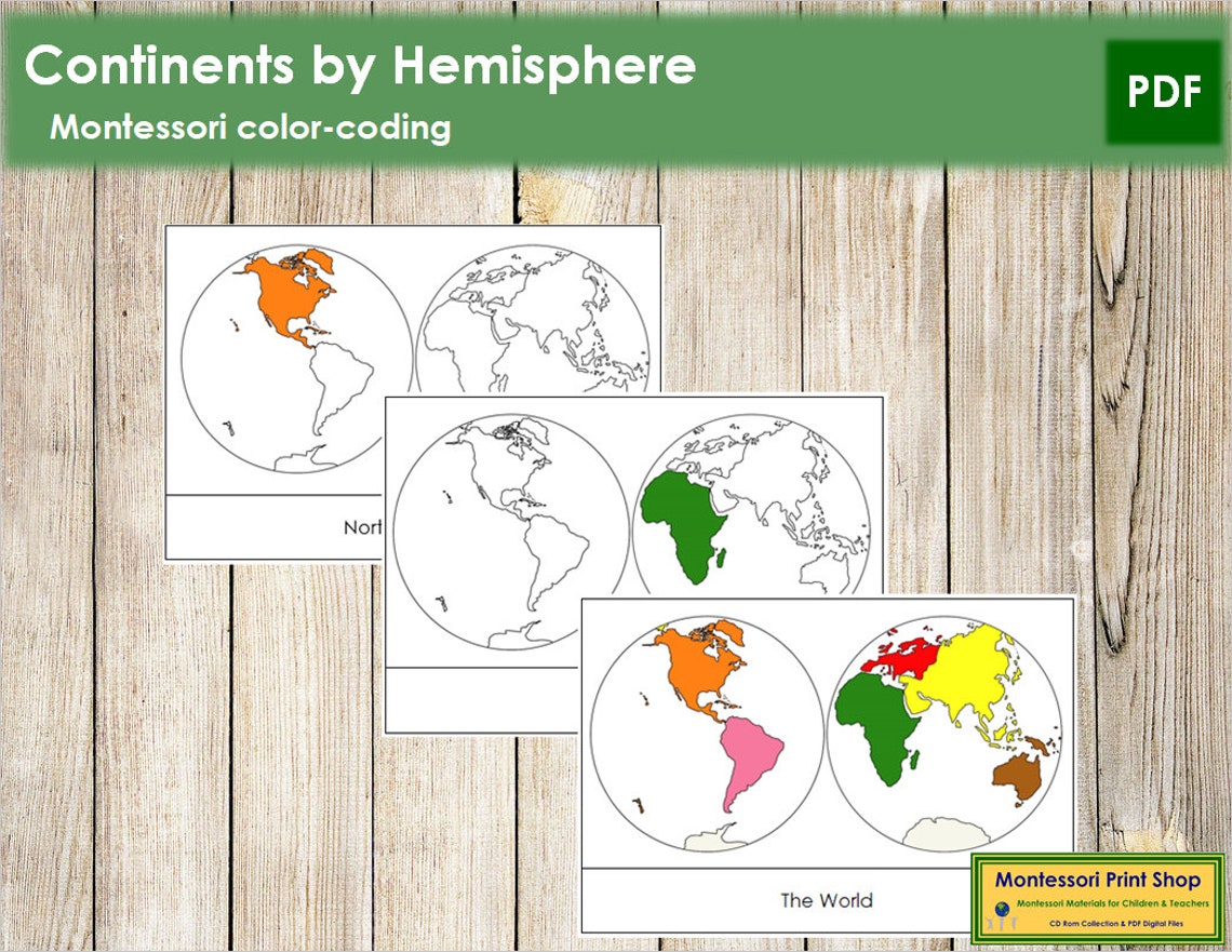 Continents by Hemisphere Flashcards montessori Color-code - Etsy