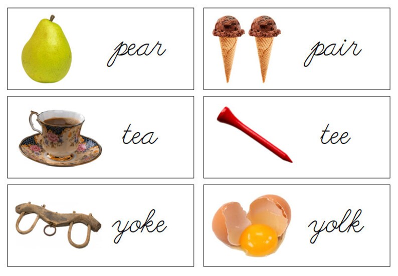 Homonyms Matching Words & Picture Cards CURSIVE - Montessori Grammar ...