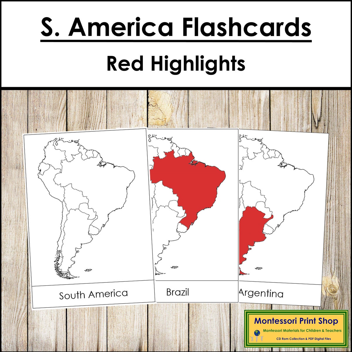 South America Flashcards red Geography Printable Montessori Materials ...