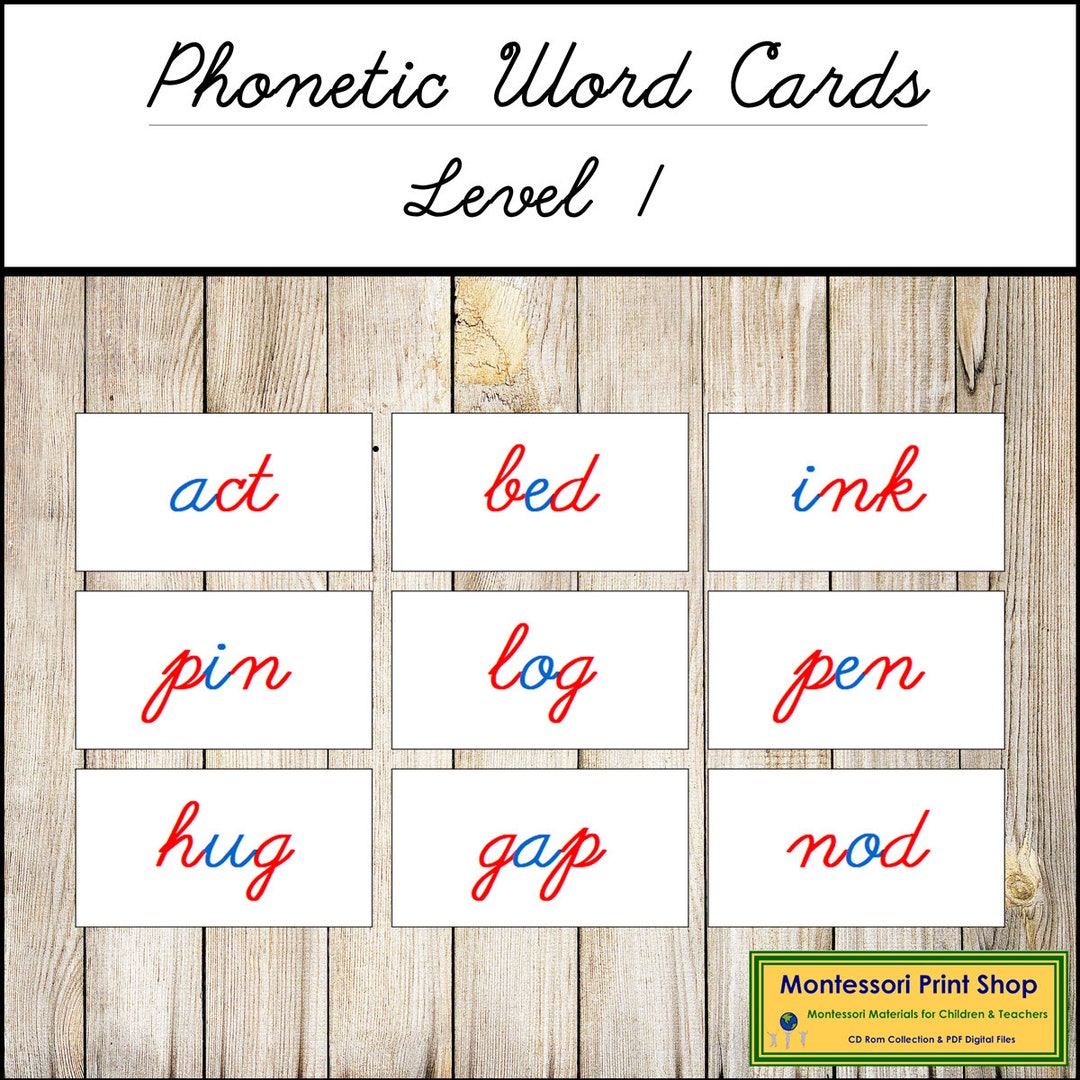 Phonetic Word Cards [level 1, CURSIVE Red/blue] - Montessori Phonics ...