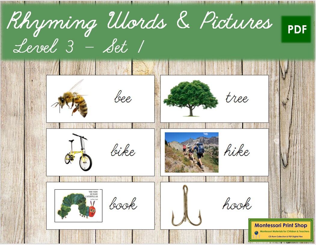 Rhyming Words & Pictures Level 3 Set 1 CURSIVE Montessori - Etsy