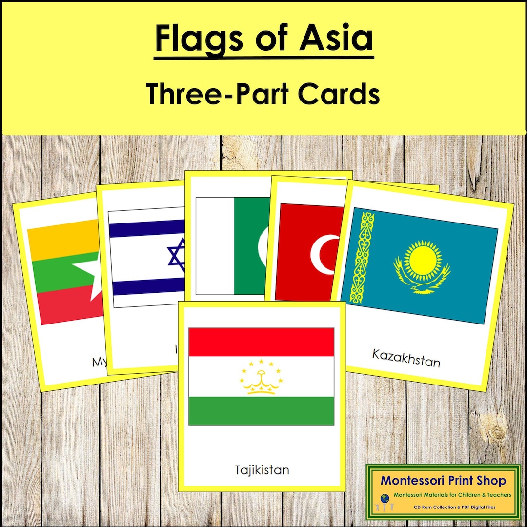 Montessori Flags of Asia [color-coded] - Montessori Continent Cards ...