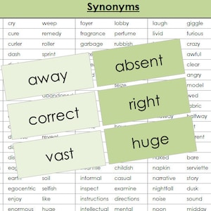 Synonyms Matching Cards & Chart [color-coded] - Montessori Grammar ...