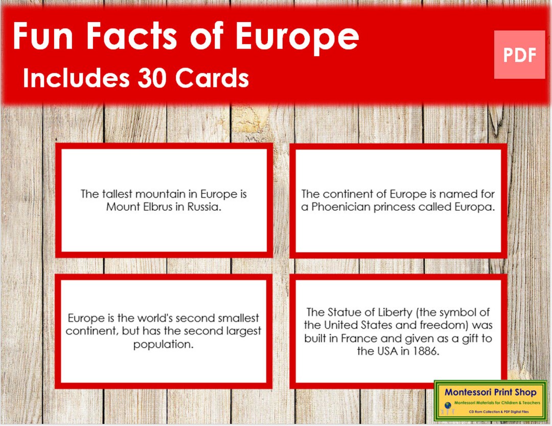 Fun Facts of Europe color-coded Montessori Continent Cards - Etsy