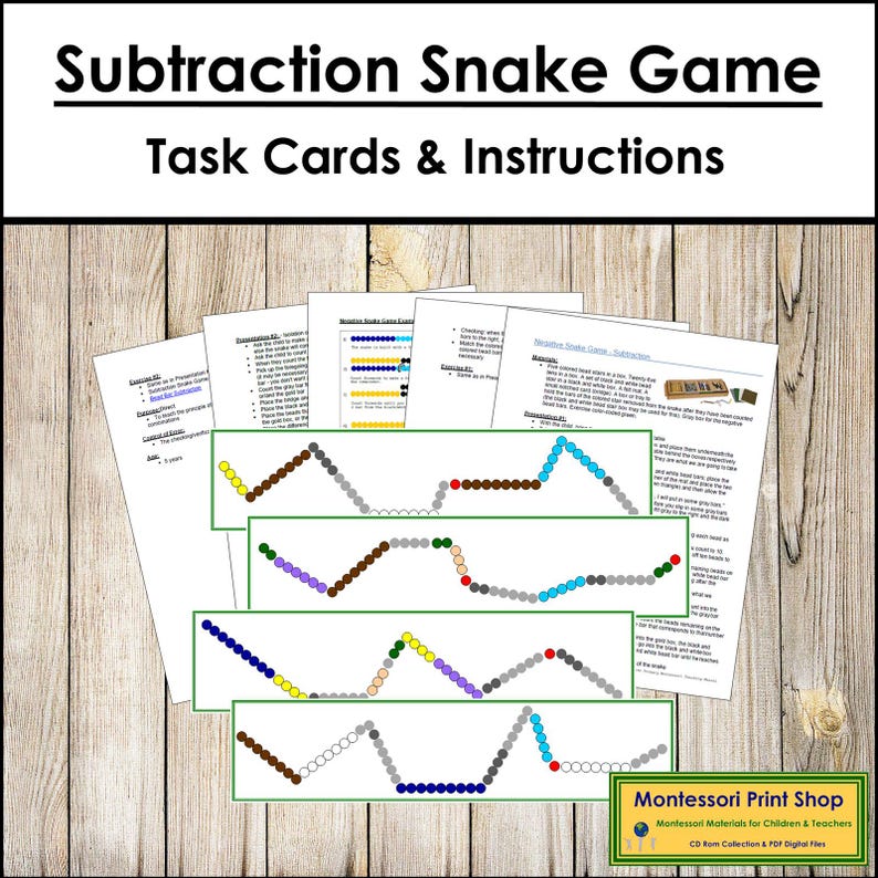 Montessori Subtraction Snake Game Task Cards & Instructions - Primary ...