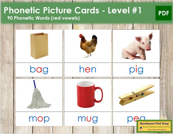 Phonetic Picture Cards Level 1 red vowels Montessori | Etsy
