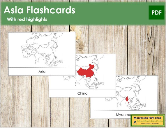 Asia Flashcards red Geography Printable Montessori - Etsy