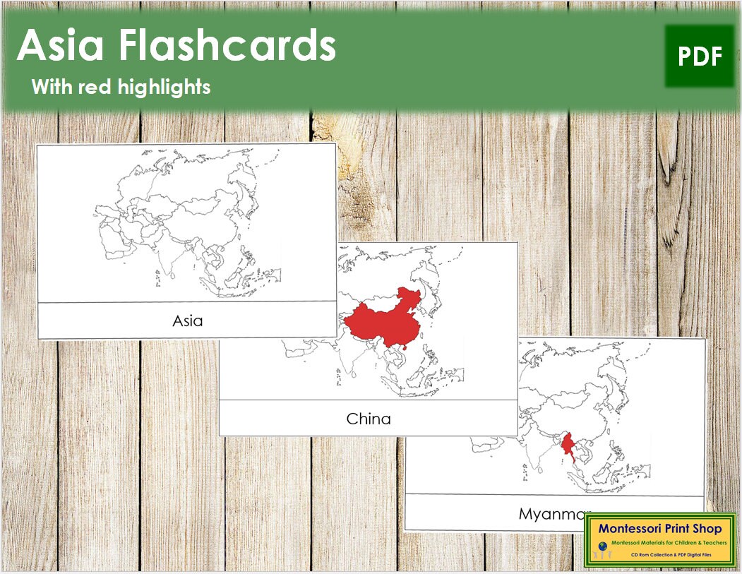 Printable Montessori Materials - Geography Red Asia Flashcards Digital ...