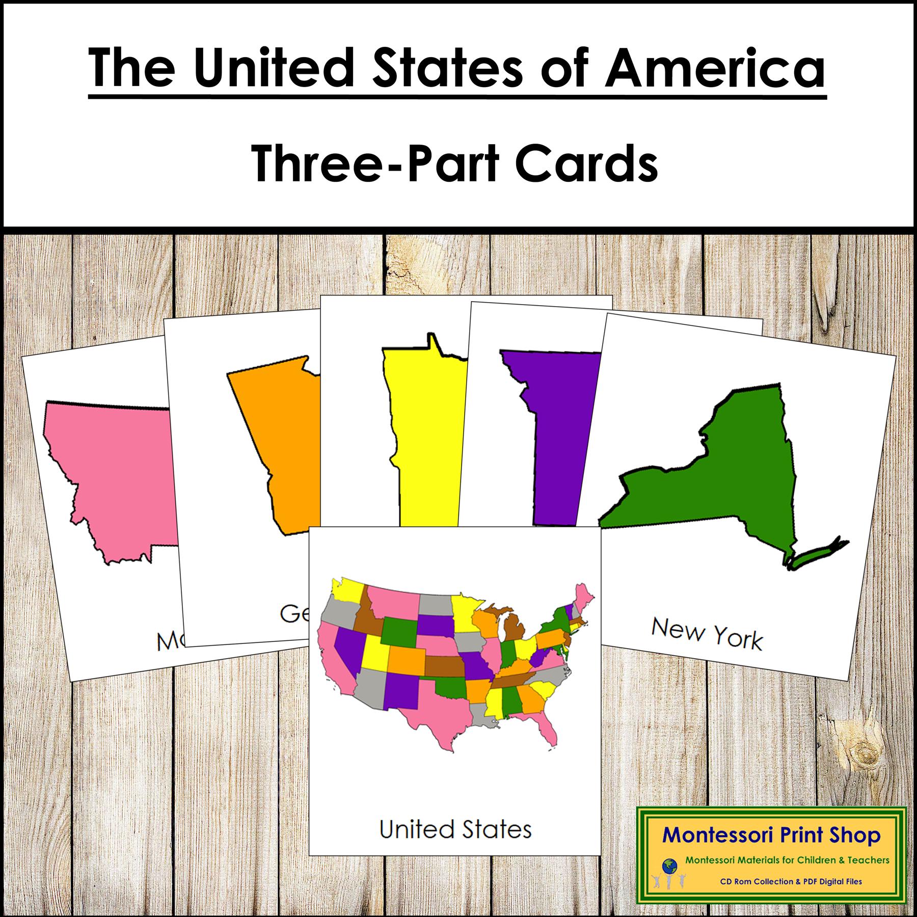 States of the USA 3-part Cards [montessori Color-code] - Geography ...
