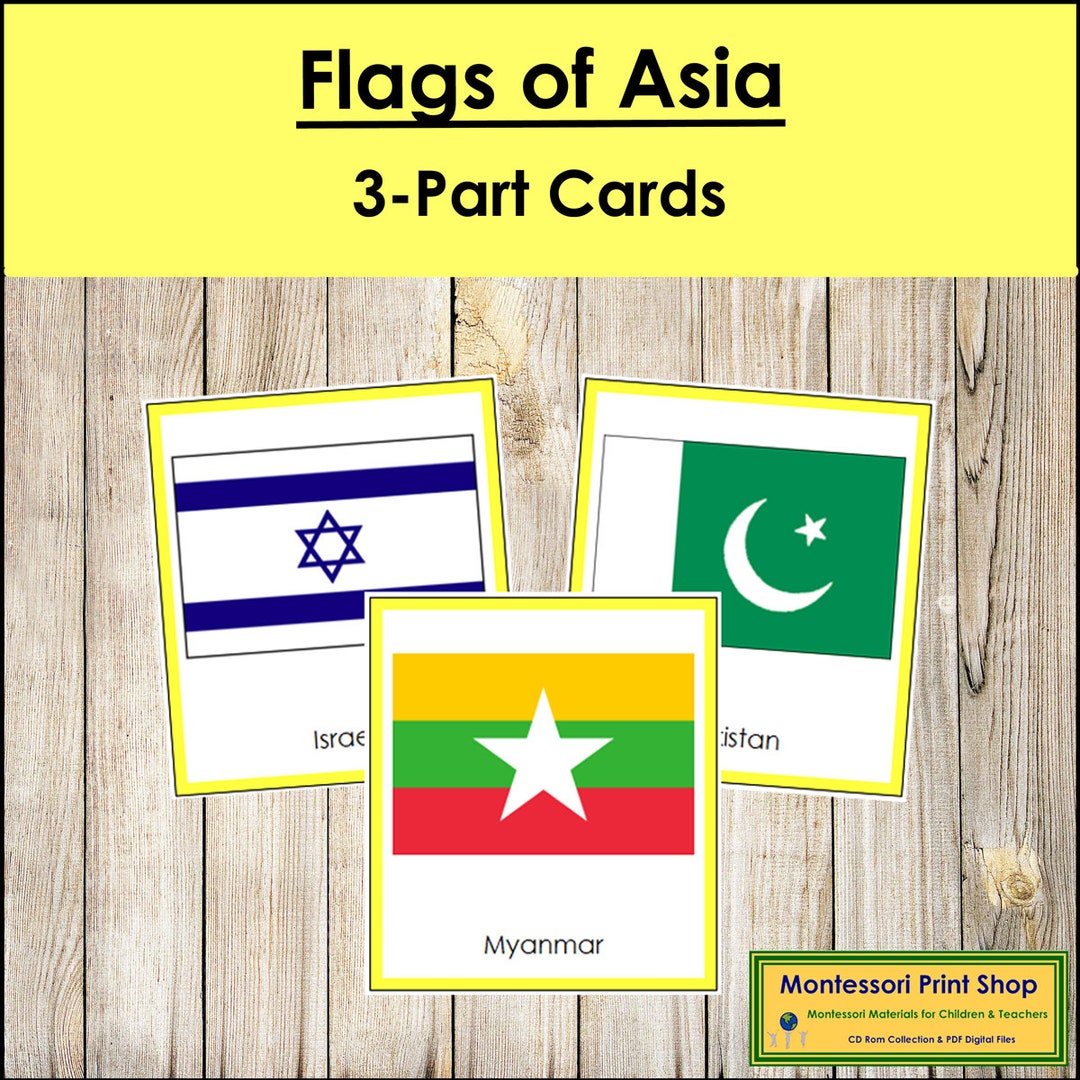Flags of Asia (color-coded) - Montessori Continent Cards - Geography ...
