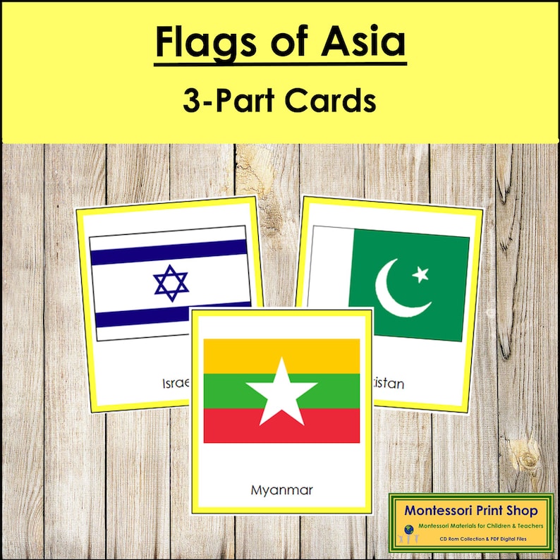Flags of Asia color-coded Montessori Continent Cards - Etsy