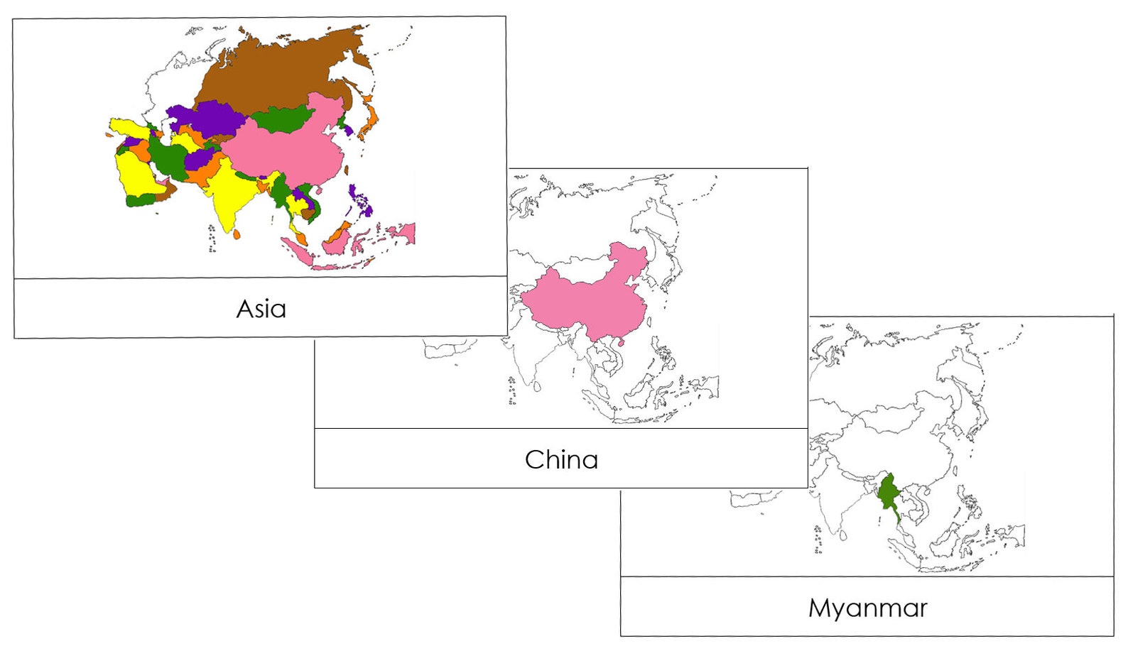 Asia Flashcards montessori Color-code Geography Printable Montessori ...