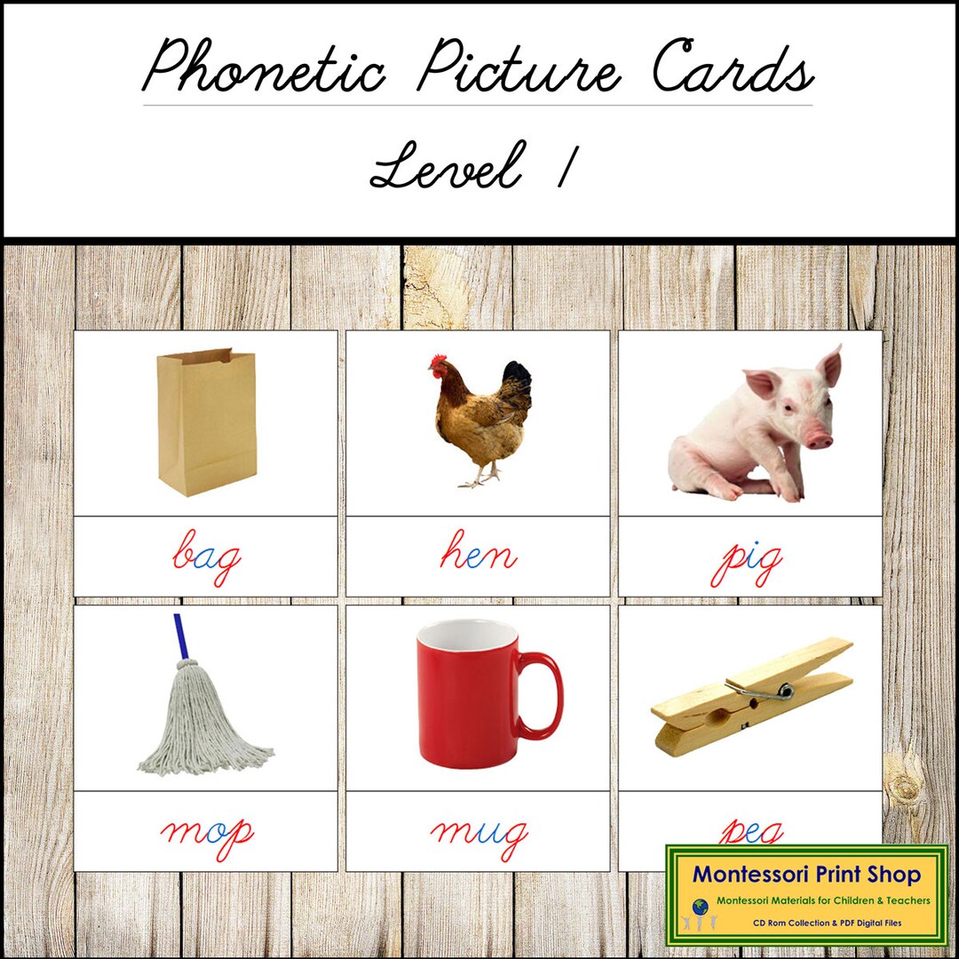 Phonetic Picture Cards [level 1, CURSIVE] - Montessori Phonics ...