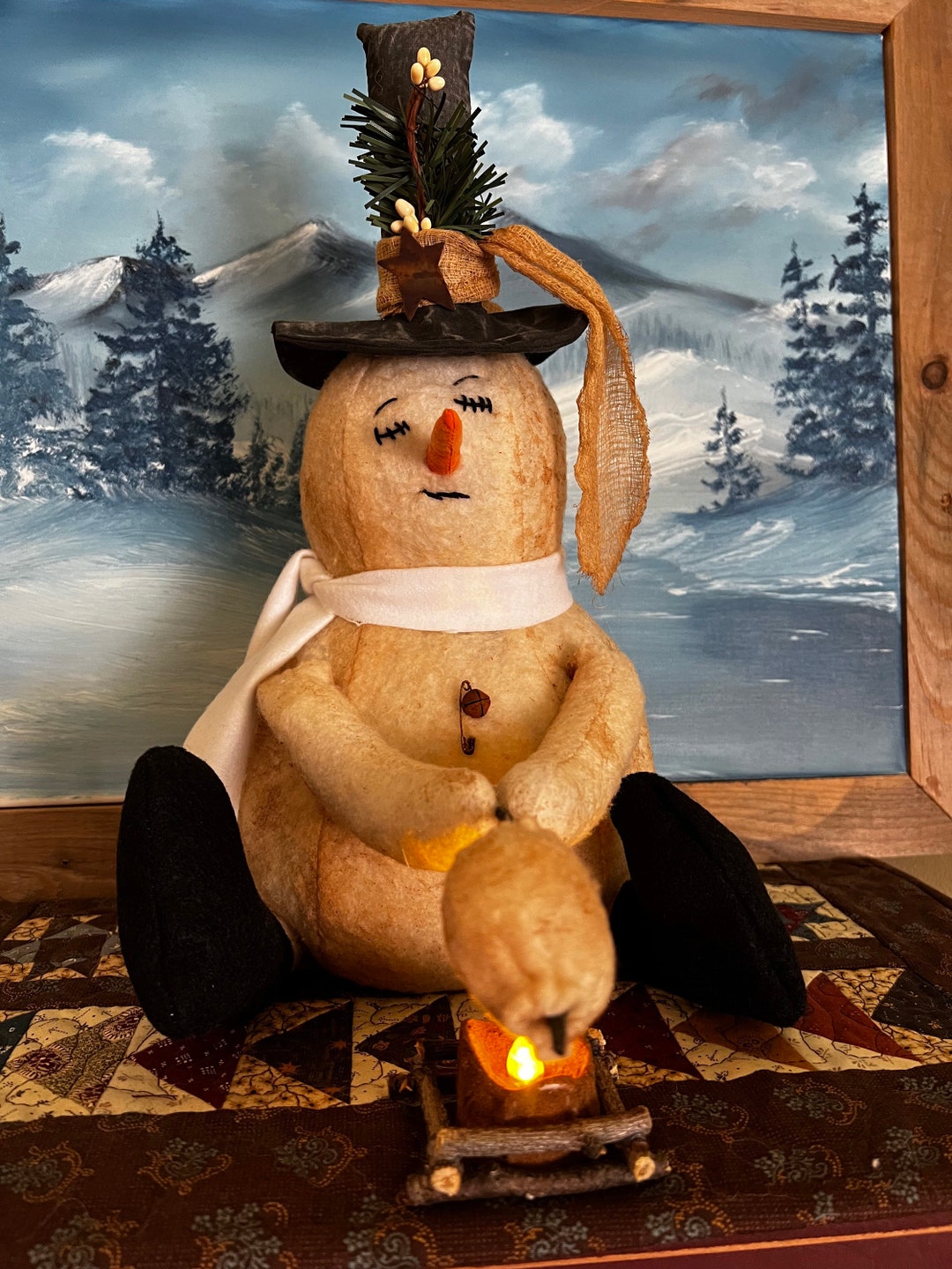 Toasty Nights Snowman, Primitive Handmade Snowman, Folk Art, Handmade ...