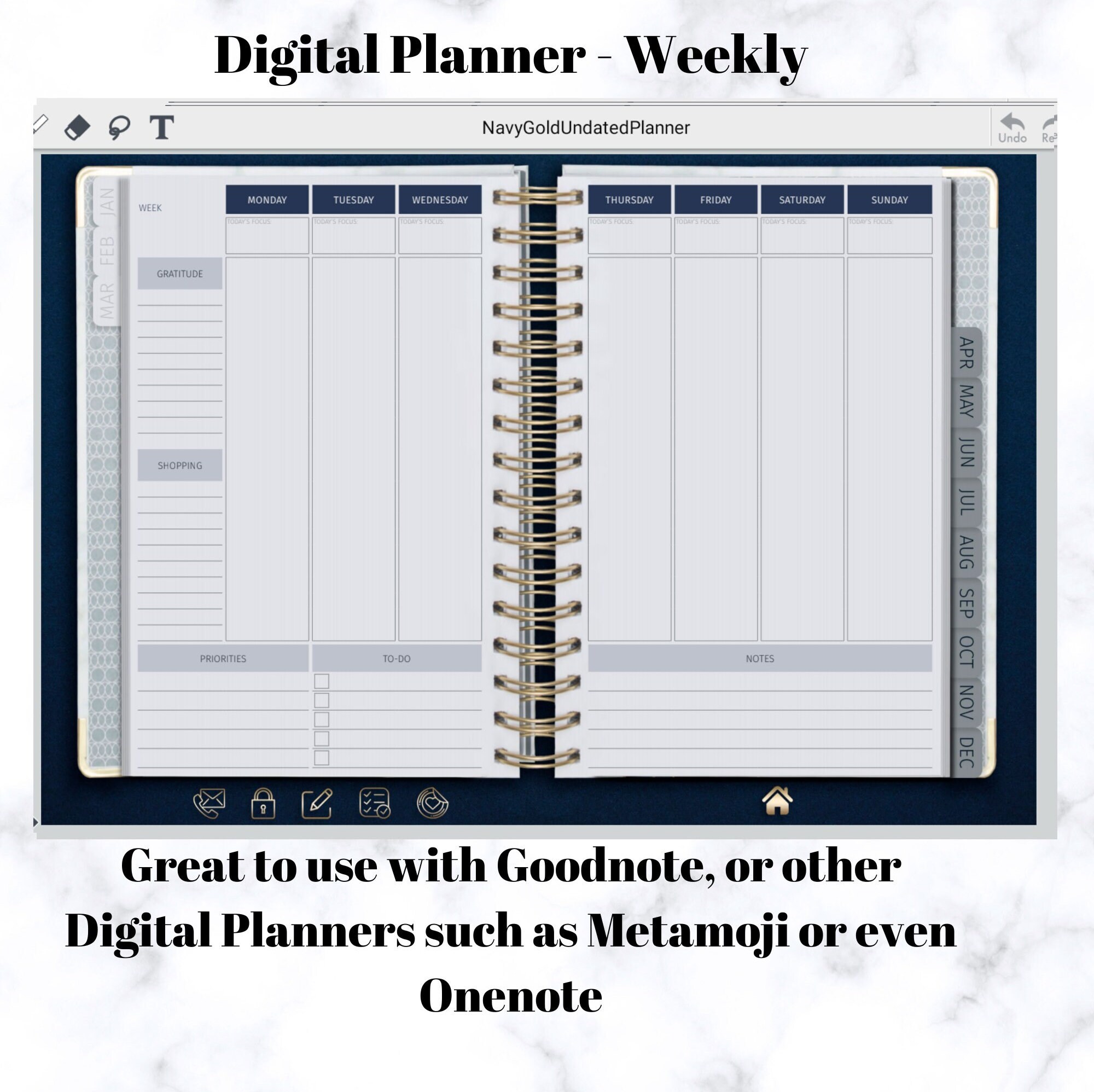Digital Planner, Navy and Gold Digital Planner, Goodnotes, Xodo ...