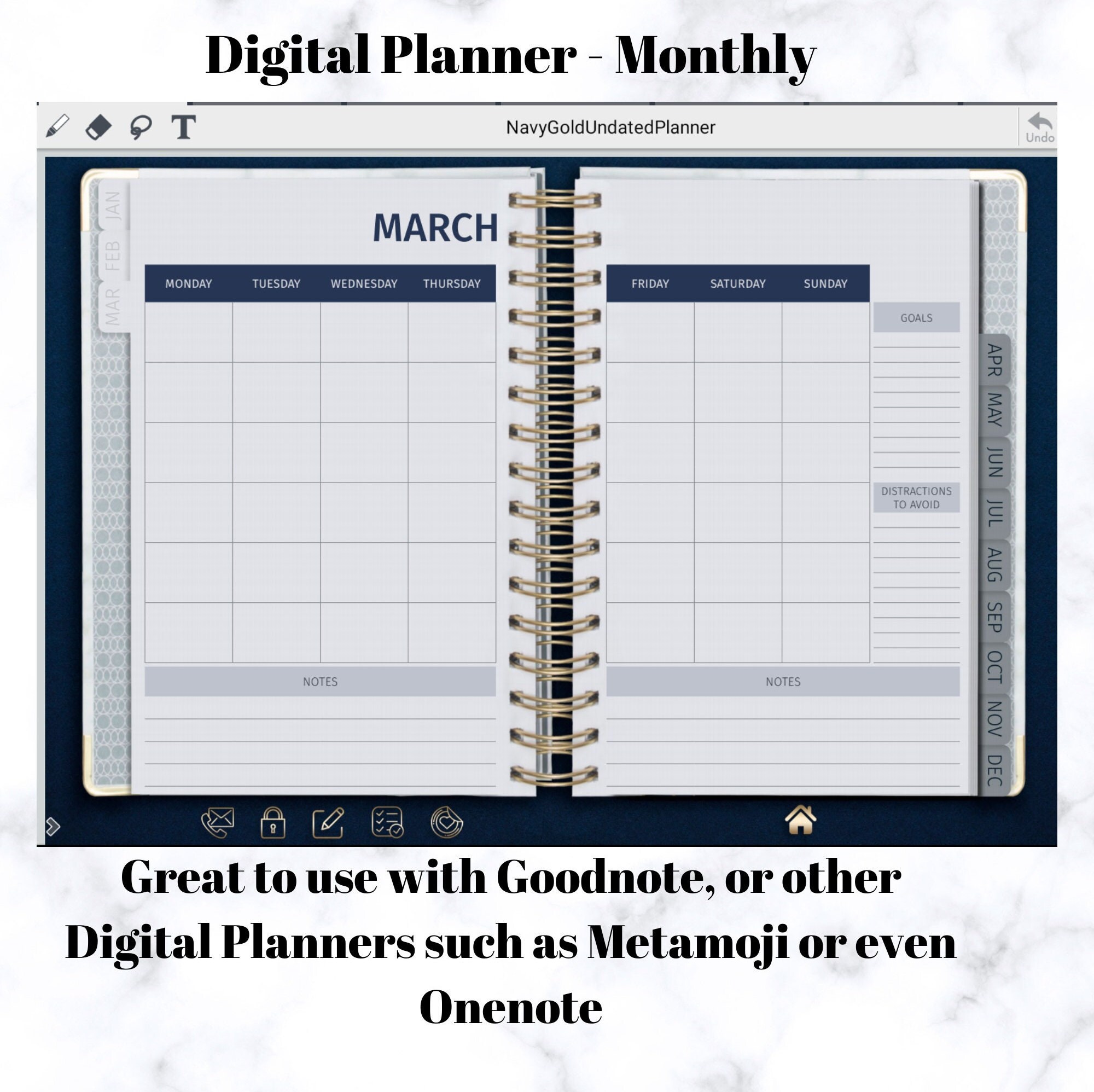 Digital Planner, Navy and Gold Digital Planner, Goodnotes, Xodo ...