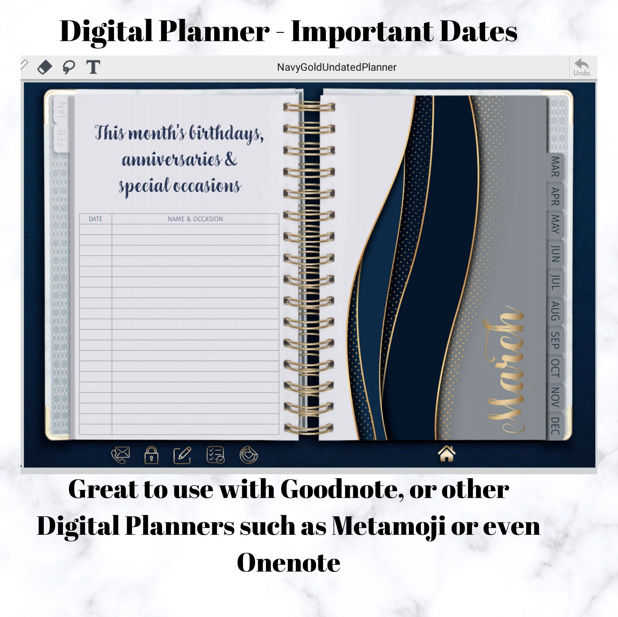 Digital Planner, Navy and Gold Digital Planner, Goodnotes, Xodo ...