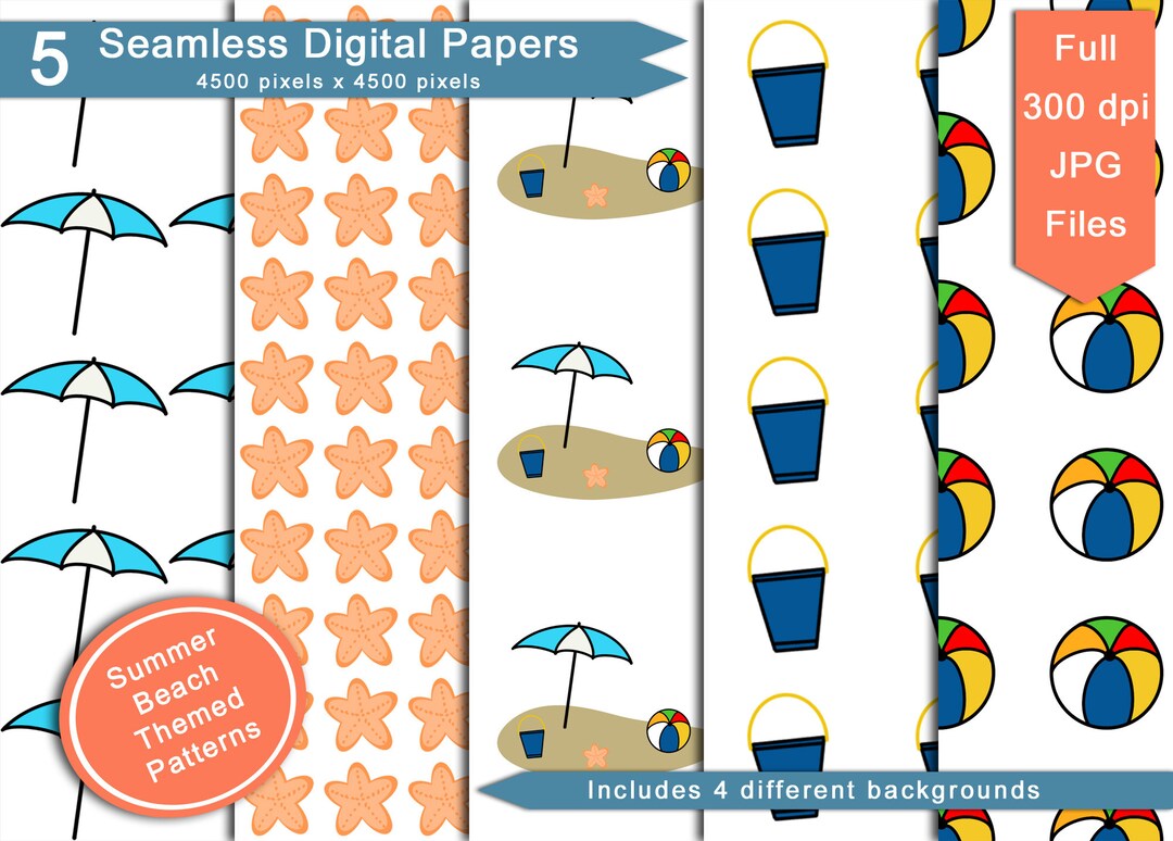 Summer Beach Themed - Beach Ball, Beach Umbrella, Starfish, Sand Pale ...