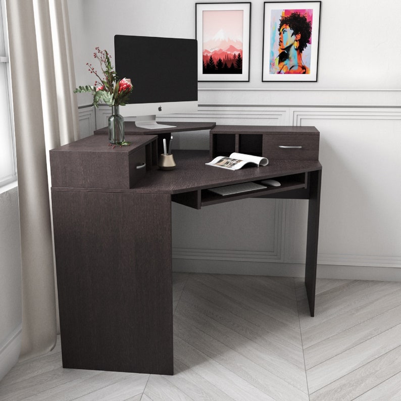 Corner Computer Desk With Raised Monitor Platform and Keyboard - Etsy