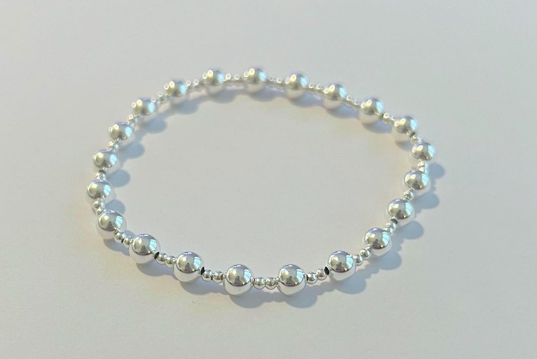 925 Sterling Silver Beaded Stretch Bracelet | Sterling Silver Elastic ...